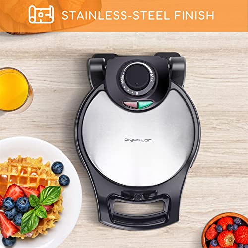 Belgian Waffle Maker, 8 Inch Flip Waffle Irons with Non-Stick Surfaces, 900W Waffle Makers with Temperature Control, 4 Slice, Black, ETL Certificated, Aigostar