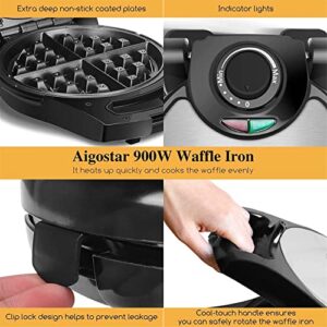 Belgian Waffle Maker, 8 Inch Flip Waffle Irons with Non-Stick Surfaces, 900W Waffle Makers with Temperature Control, 4 Slice, Black, ETL Certificated, Aigostar