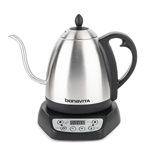 Bonavita 1L Digital Variable Temperature Gooseneck Electric Kettle for Coffee Brew and Tea Precise Pour Control, 6 Preset Temps, Café or Home Use, 1000 Watt, Stainless Steel