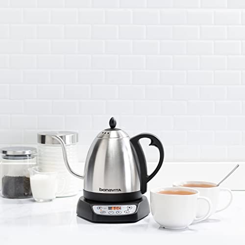 Bonavita 1L Digital Variable Temperature Gooseneck Electric Kettle for Coffee Brew and Tea Precise Pour Control, 6 Preset Temps, Café or Home Use, 1000 Watt, Stainless Steel