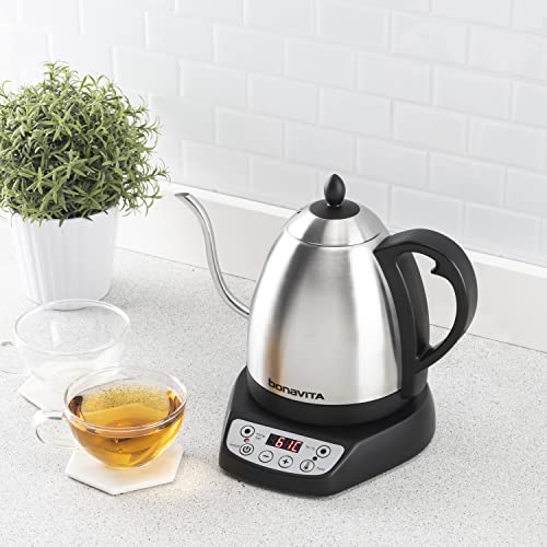 Bonavita 1L Digital Variable Temperature Gooseneck Electric Kettle for Coffee Brew and Tea Precise Pour Control, 6 Preset Temps, Café or Home Use, 1000 Watt, Stainless Steel