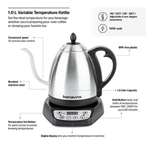 Bonavita 1L Digital Variable Temperature Gooseneck Electric Kettle for Coffee Brew and Tea Precise Pour Control, 6 Preset Temps, Café or Home Use, 1000 Watt, Stainless Steel