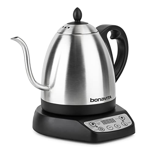 Bonavita 1L Digital Variable Temperature Gooseneck Electric Kettle for Coffee Brew and Tea Precise Pour Control, 6 Preset Temps, Café or Home Use, 1000 Watt, Stainless Steel