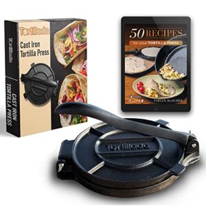 tortillada – tortilla press, quesadilla / roti maker (10 inch) – pre-seasoned cast iron with recipes e-book