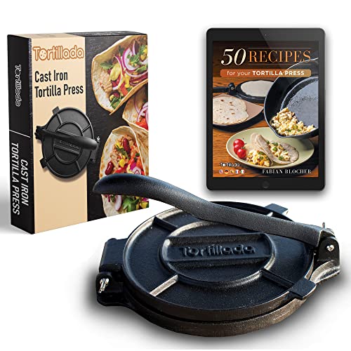 Tortillada – Tortilla Press, Quesadilla / Roti Maker (10 Inch) - Pre-Seasoned Cast Iron with Recipes E-Book