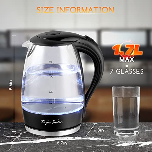 Taylor Swoden Electric Kettle 1.7L Glass Electric Tea Kettle, 1500W Hot Water Kettle Electric Cordless Water Boiler & Heater with LED Light, Auto Shut-Off & Boil-Dry Protection, BPA Free, Black