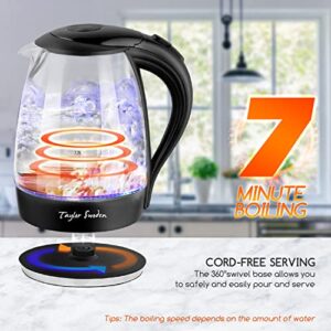 Taylor Swoden Electric Kettle 1.7L Glass Electric Tea Kettle, 1500W Hot Water Kettle Electric Cordless Water Boiler & Heater with LED Light, Auto Shut-Off & Boil-Dry Protection, BPA Free, Black