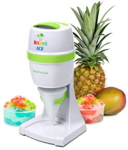 nostalgia electric hawaiian table-top snow cone maker, shaved ice machine includes 1 reusable plastic cup and ice molds, white/green