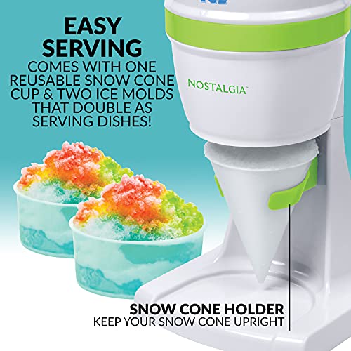 Nostalgia Electric Hawaiian Table-Top Snow Cone Maker, Shaved Ice Machine Includes 1 Reusable Plastic Cup and Ice Molds, White/Green