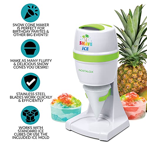 Nostalgia Electric Hawaiian Table-Top Snow Cone Maker, Shaved Ice Machine Includes 1 Reusable Plastic Cup and Ice Molds, White/Green