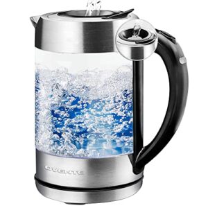 ovente glass electric kettle hot water boiler 1.7 liter prontofill tech w/ stainless steel filter – 1500w bpa free cordless instant water heater kettle for coffee & tea maker – silver kg612s