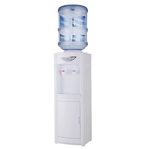 Water Cooler Dispenser for 5 Gallon Bottles, Top Loading Hot & Cold Water Freestanding Electric Water Cooler Machine with Child Safety Lock Perfect for Home Office w/Storage Cabinet, White