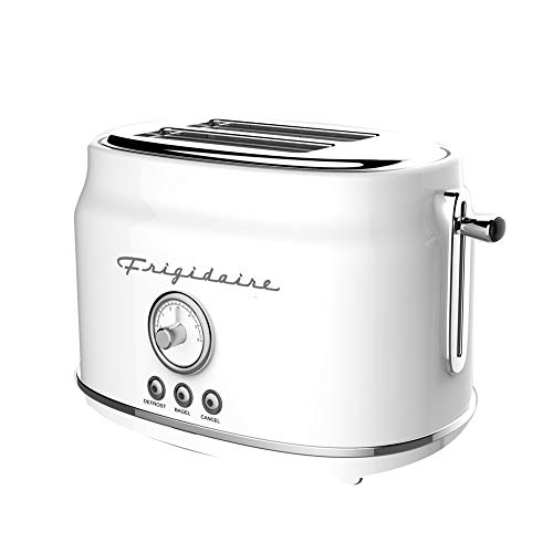 Frigidaire ETO102-WHITE, 2 Slice Toaster, Retro Style, Wide Slot for Bread, English Muffins, Croissants, and Bagels, 5 Adjustable Toast Settings, Cancel and Defrost, 900w, White