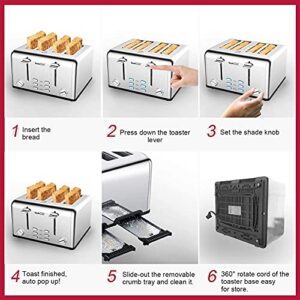 Geek Chef Toaster 4 Slice, Stainless Steel Toaster with Extra Wide Slots Bagel, Defrost, Cancel Function, Dual Independent Control Panel, Removable Crumb Tray, 6 Shade Settings and High Lift Lever