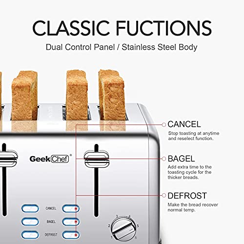 Geek Chef Toaster 4 Slice, Stainless Steel Toaster with Extra Wide Slots Bagel, Defrost, Cancel Function, Dual Independent Control Panel, Removable Crumb Tray, 6 Shade Settings and High Lift Lever