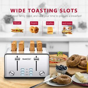 Geek Chef Toaster 4 Slice, Stainless Steel Toaster with Extra Wide Slots Bagel, Defrost, Cancel Function, Dual Independent Control Panel, Removable Crumb Tray, 6 Shade Settings and High Lift Lever