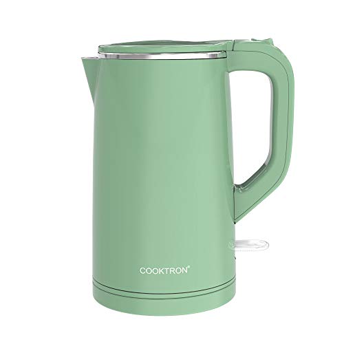 COOKTRON 1.7L Electric Kettle Quiet, Double Wall Hot Water Boiler BPA-Free, Quiet Boil and Cool Touch Tea Kettle, Cordless with Auto Shut-Off & Boil Dry Protection, 1500W Fast Boiling, Green