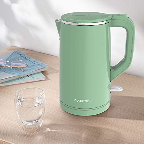 COOKTRON 1.7L Electric Kettle Quiet, Double Wall Hot Water Boiler BPA-Free, Quiet Boil and Cool Touch Tea Kettle, Cordless with Auto Shut-Off & Boil Dry Protection, 1500W Fast Boiling, Green