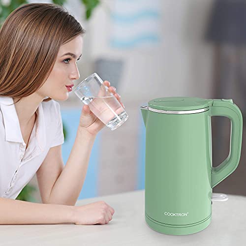 COOKTRON 1.7L Electric Kettle Quiet, Double Wall Hot Water Boiler BPA-Free, Quiet Boil and Cool Touch Tea Kettle, Cordless with Auto Shut-Off & Boil Dry Protection, 1500W Fast Boiling, Green