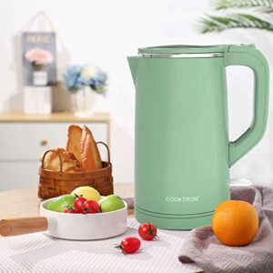 COOKTRON 1.7L Electric Kettle Quiet, Double Wall Hot Water Boiler BPA-Free, Quiet Boil and Cool Touch Tea Kettle, Cordless with Auto Shut-Off & Boil Dry Protection, 1500W Fast Boiling, Green