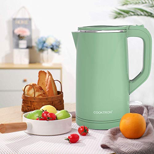 COOKTRON 1.7L Electric Kettle Quiet, Double Wall Hot Water Boiler BPA-Free, Quiet Boil and Cool Touch Tea Kettle, Cordless with Auto Shut-Off & Boil Dry Protection, 1500W Fast Boiling, Green