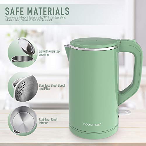 COOKTRON 1.7L Electric Kettle Quiet, Double Wall Hot Water Boiler BPA-Free, Quiet Boil and Cool Touch Tea Kettle, Cordless with Auto Shut-Off & Boil Dry Protection, 1500W Fast Boiling, Green