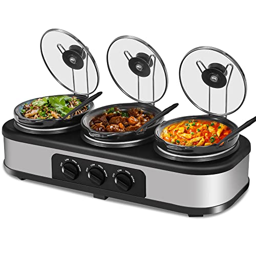 Triple Slow Cooker, 3×1.5 QT Buffet Servers and Warmers, 3 Pots Buffet Slow Cooker Adjustable Temp Lid Rests Stainless Steel Manual Silver for Parties Holidays Families