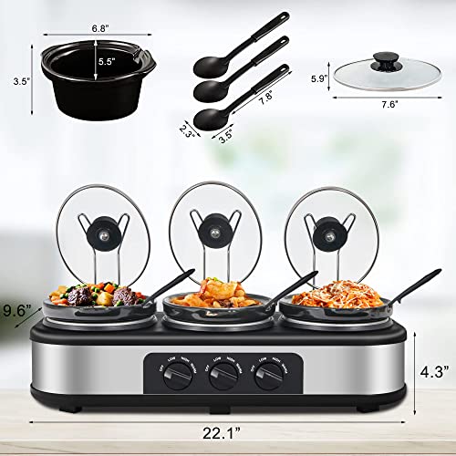 Triple Slow Cooker, 3×1.5 QT Buffet Servers and Warmers, 3 Pots Buffet Slow Cooker Adjustable Temp Lid Rests Stainless Steel Manual Silver for Parties Holidays Families