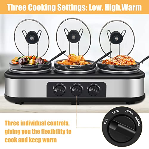 Triple Slow Cooker, 3×1.5 QT Buffet Servers and Warmers, 3 Pots Buffet Slow Cooker Adjustable Temp Lid Rests Stainless Steel Manual Silver for Parties Holidays Families