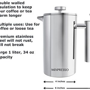 Mixpresso Stainless Steel French Press Coffee Maker 27 Oz 800 ml, Double Wall Metal Insulation Coffee Press &Tea Brewer Easy Clean, And Easy Press, Strong Quality Coffee Press (Stainless Steel)