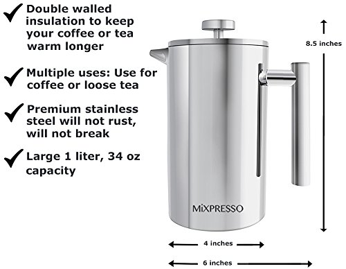 Mixpresso Stainless Steel French Press Coffee Maker 27 Oz 800 ml, Double Wall Metal Insulation Coffee Press &Tea Brewer Easy Clean, And Easy Press, Strong Quality Coffee Press (Stainless Steel)