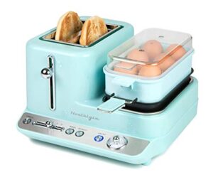 nostalgia classic retro 3-in-1 breakfast station, 2-wide slot toaster with adjustable toasting control, non-stick griddle, 6 capacity egg cooker with lid