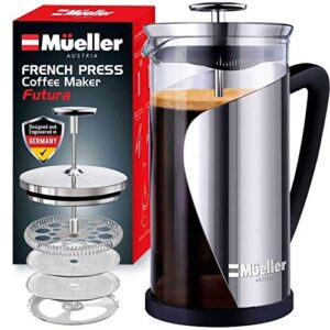 mueller french press coffee, 20% heavier duty stainless steel frame & trumax borosilicate glass coffee press with 4 level filtration system, easy clean, 34oz-8 cups