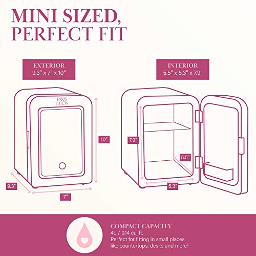 Paris Hilton Mini Refrigerator and Personal Beauty Fridge, Mirrored Door with Dimmable LED Light, Thermoelectric Cooling and Warming Function for All Cosmetics and Skincare Needs, 4-Liter, White