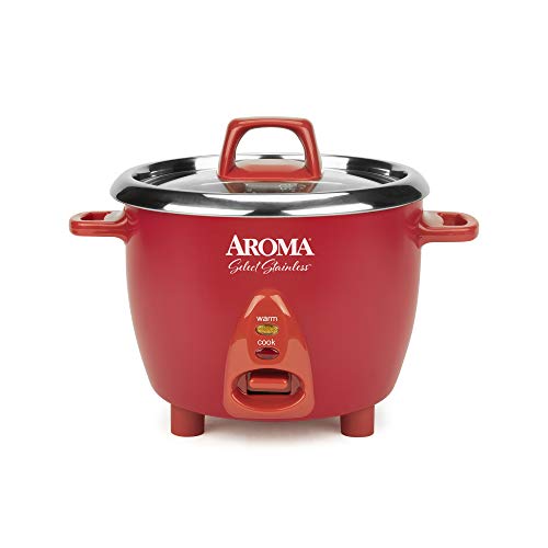 Aroma Housewares Select Stainless Rice Cooker & Warmer with Uncoated Inner Pot, 6-Cup(cooked)/ 1.2Qt, ARC-753SGR, Red