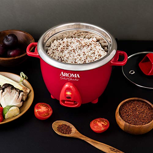 Aroma Housewares Select Stainless Rice Cooker & Warmer with Uncoated Inner Pot, 6-Cup(cooked)/ 1.2Qt, ARC-753SGR, Red