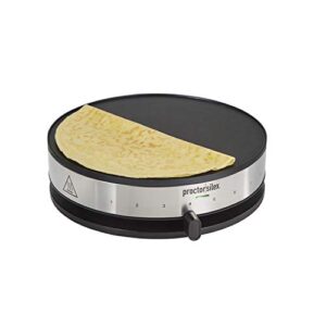 proctor silex electric crepe maker with 13” nonstick griddle for eggs, pancakes, omelets and quesadillas, with temperature control, spatula, spreader, batter cup, stainless steel (38400ps)