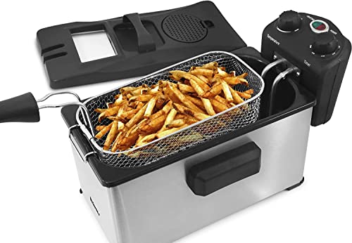 Elite Gourmet EDF-3500 Electric Immersion Deep Fryer. Removable Basket, Timer Control Adjustable Temperature, Lid with Viewing Window and Odor Free Filter,Stainless Steel,3.5 Quart / 14 Cup