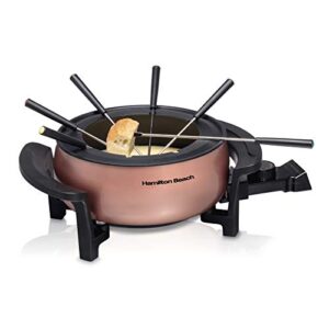 hamilton beach 3 quart / 2.8 liter 3qt copper electric fondue pot set with temperature control, 6-color coded forks, for cheese, chocolate, hot oil, broth (86201)