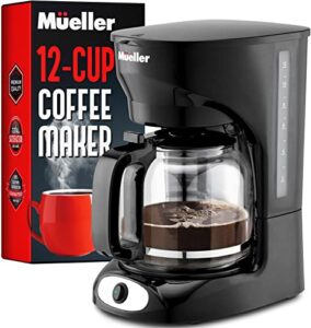 mueller 12-cup drip coffee maker with permanent filter and borosilicate glass carafe, auto keep warm function, clear water level window coffee machine