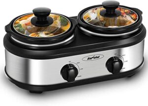 sunvivi dual pot slow cooker, 2 pot small mini crock buffet server and warmer, double pot buffet food warmer adjustable temp lid rests stainless steel, total 2.5 quarts