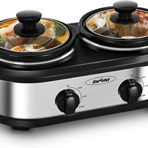 Sunvivi Dual Pot Slow Cooker, 2 Pot Small Mini Crock Buffet Server and Warmer, Double Pot Buffet Food Warmer Adjustable Temp Lid Rests Stainless Steel, Total 2.5 Quarts