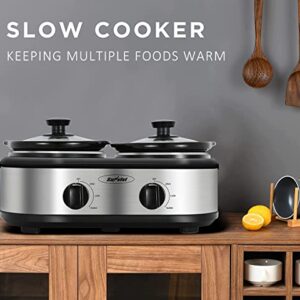 Sunvivi Dual Pot Slow Cooker, 2 Pot Small Mini Crock Buffet Server and Warmer, Double Pot Buffet Food Warmer Adjustable Temp Lid Rests Stainless Steel, Total 2.5 Quarts