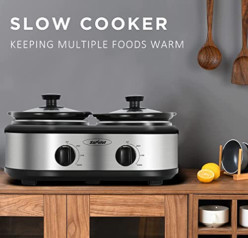 Sunvivi Dual Pot Slow Cooker, 2 Pot Small Mini Crock Buffet Server and Warmer, Double Pot Buffet Food Warmer Adjustable Temp Lid Rests Stainless Steel, Total 2.5 Quarts