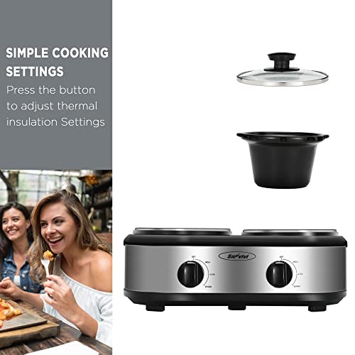 Sunvivi Dual Pot Slow Cooker, 2 Pot Small Mini Crock Buffet Server and Warmer, Double Pot Buffet Food Warmer Adjustable Temp Lid Rests Stainless Steel, Total 2.5 Quarts