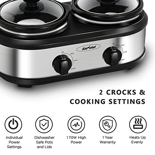 Sunvivi Dual Pot Slow Cooker, 2 Pot Small Mini Crock Buffet Server and Warmer, Double Pot Buffet Food Warmer Adjustable Temp Lid Rests Stainless Steel, Total 2.5 Quarts