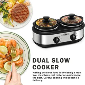 Sunvivi Dual Pot Slow Cooker, 2 Pot Small Mini Crock Buffet Server and Warmer, Double Pot Buffet Food Warmer Adjustable Temp Lid Rests Stainless Steel, Total 2.5 Quarts