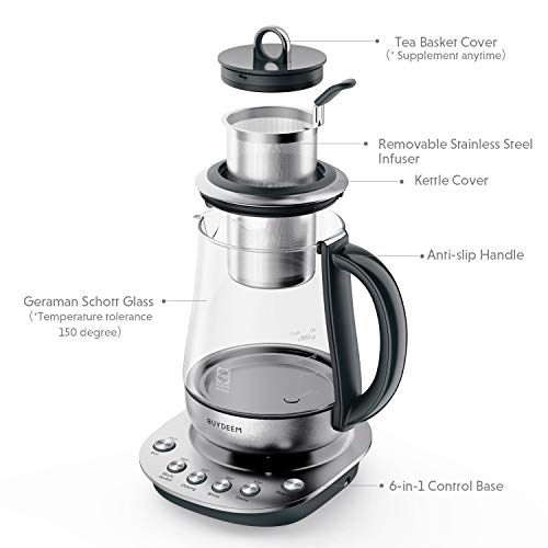 BUYDEEM K2423 Tea Maker, Durable 316 Stainless Steel & German Schott Glass Electric Kettle, Removable Infuser, Auto Keep Warm, BPA Free, 1.2L