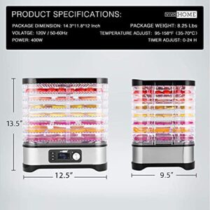 VIVOHOME Electric 400W 8 Trays Food Dehydrator Machine with Digital Timer and Temperature Control for Fruit Vegetable Meat Beef Jerky Maker BPA Free