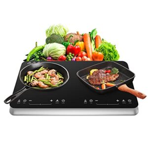 cooktron double induction cooktop burner with fast warm-up mode, 1800w 2 induction burner with 10 temperature 9 power settings, portable dual induction cooker cooktop with child safety lock & time